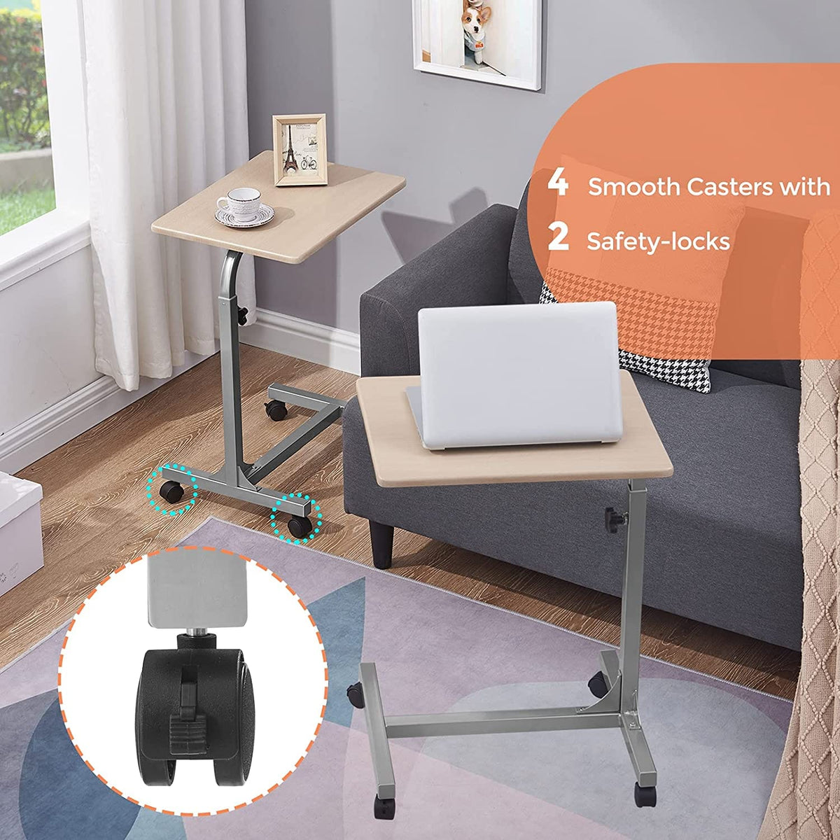 Over Bed Table Side Rolling Table 3 Adjustment Levels with Lockable Ro ...